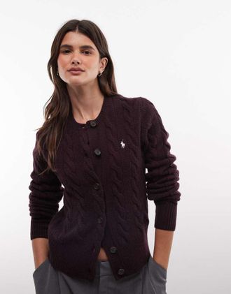 Polo Ralph Lauren gilet en maille torsad&eacute;e en laine &agrave; logo iconique marron