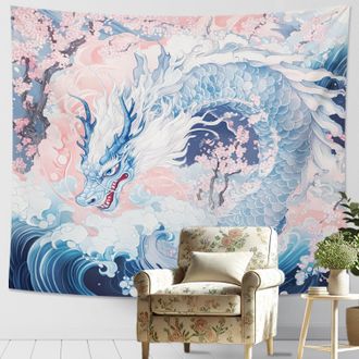 Generic Blauer Drachen-Wandteppich, Kirschbl&uuml;ten, floraler Wandbehang, asiatischer Stil, &auml;sthetisch f&uuml;r Wohnzimmer, Schlafzimmer, Wohnheim, Heimdekoration, ge