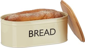 Relaxdays Brotkasten Retro XL, mit Bambusdeckel, runde Brotbox mit Schriftzug BREAD, HBT: 14 x 36 x 20 cm, beige/natur