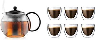 Bodum 1805-01 - Assam - Théière à Piston en verre - Filtre inox - 1.0 L - Noir & 4557-10-12 - Pavina - Coffret de 6 Verres Double Paroi - 0.08 l