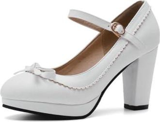 Generic Femmes Lolita Mary Jane Talons Bloc Talon Kawaii Casual Chaussures Noeud Robe De Soirée Pompes,Blanc,36 EU