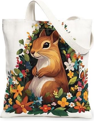 Generic Sac fourre-tout en toile motif &eacute;cureuil printanier pour le shopping, 33 x 38,1 cm, sac d&eacute;picerie r&eacute;utilisable pour femme, joli motif botanique, esth&eacute;t