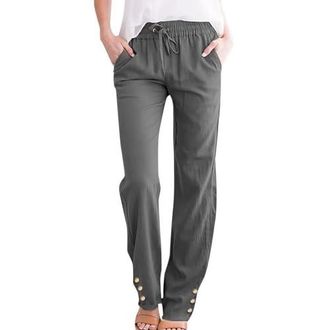 Generic Pantalon ample d&eacute;contract&eacute; en coton et lin avec boutons lat&eacute;raux pour femme - Pantalon &agrave; jambe large avec cordon de serrage - Taille &eacute;lastique avec po
