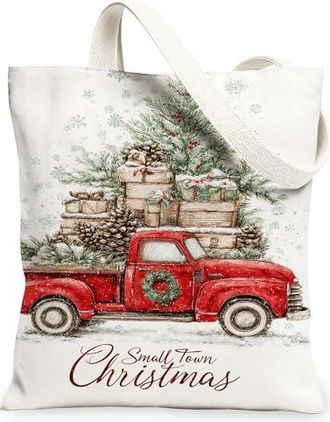 Generic Sacs fourre-tout en toile vintage de No&euml;l, design rustique, sacs d&eacute;picerie r&eacute;utilisables, l&eacute;gers et lavables avec bandouli&egrave;re, Rouge, 13x15 Inch