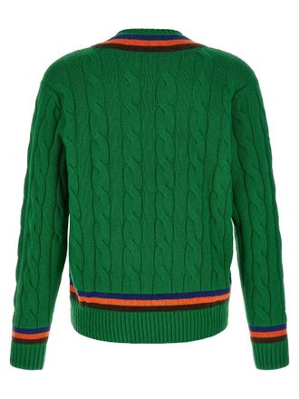Polo Ralph Lauren Cable-Knit V-Neck with Striped Trim Sweater - Green