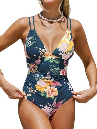 Cupshe Maillot de bain une pièce pour femme, col en V, contrôle du ventre, double bretelles réglables, découpe dans le dos, anneau, XL