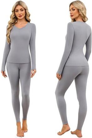 Ekouaer sous Vetement Thermique Femme Pyjama Femme Hiver Chauds Ensembles de Pyjama Ajust&eacute; V&ecirc;tements de Nuit Doux, Gris S