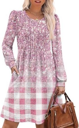 Generic Robe de chambre gaufr&eacute;e de style boh&egrave;me pour femme, mini robe &agrave; manches longues, robe trap&egrave;ze d&eacute;contract&eacute;e, fluide avec poches lat&eacute;rales, robe moulant