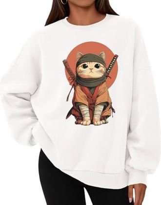 Generic Sweat-shirt surdimensionn&eacute; pour femme | Chandail surdimensionn&eacute; &agrave; col rond imprim&eacute; chat japonais, pull tendance, blanc, XXL