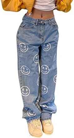 ORANDESIGNE Femme Y2K Jeans Taille Haute Jeans à Jambe Large Taille Basse Imprimé Vintage Baggy Hose Pantalon en Denim Droit Slim Flare Jean E-Girl Streetwear V B