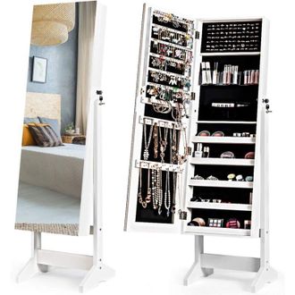Costway Costway - Standspiegel mit Schmuckschrank abschliessbar, freistehender Ganzkoerperspiegel, Schmuckorganisator mit 120 Ohrringfaechern, 24