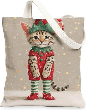 Generic Sac fourre-tout en toile motif chat de No&euml;l, sacs d&eacute;picerie r&eacute;utilisables, l&eacute;gers et lavables avec bandouli&egrave;re, Rouge, 13x15 Inch