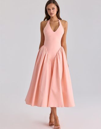 House of CB Marilyn - Robe d&eacute;t&eacute; mi-longue en coton &agrave; dos nu - P&ecirc;che-Orange