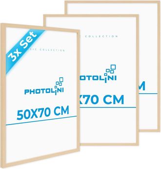 Photolini Bilderrahmen 50x70 Holz MDF Natur 3er Set, 50x70 cm Bilderrahmen groß, Rahmen 70x50 Puzzle, bruchsicheres Acrylglas, picture frame zum Aufhängen, Foto