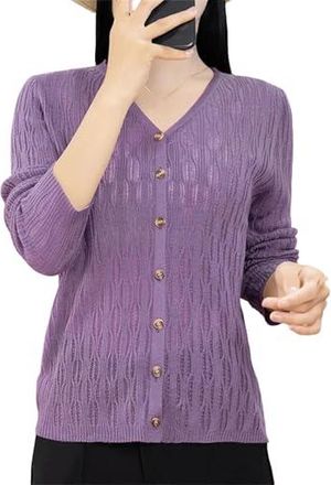 Generic Pull en laine m&eacute;lang&eacute;e &agrave; col en V pour femme - Cardigan d&eacute;contract&eacute; en tricot &agrave; manches longues, violet, Taille XL