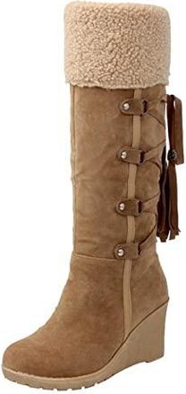 Generic Bottes compens&eacute;es d&eacute;contract&eacute;es et confortables pour femme - &Eacute;l&eacute;gantes - Avec franges &agrave; lacets - Chaudes et antid&eacute;rapantes - Bottes mi-mollet - Pour l