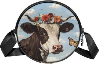 Generic Sac &agrave; bandouli&egrave;re rond pour femme, motif vache, fleurs, corbeau, petit sac &agrave; bandouli&egrave;re avec fermeture &eacute;clair, bretelles r&eacute;glables, sac &agrave; main rond d
