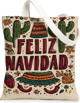 Generic Feliz Navidad Sacs fourre-tout en toile motif cactus r&eacute;utilisables pour lhiver vintage boh&egrave;me l&eacute;ger lavable, beige, 13x15 Inch