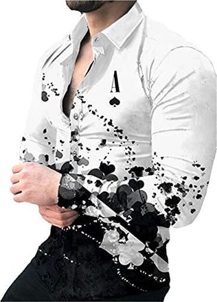 Keephen Chemise imprimée Vintage Poker Ace of Spades pour Hommes Automne décontracté à Manches Longues/Manches Courtes Bouton Coupe ajustée Hauts daffaires