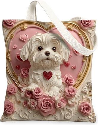 Generic Sac fourre-tout en toile motif chien maltais 33 x 38 cm, sac d&eacute;picerie r&eacute;utilisable pour femme, motif animal de compagnie, d&eacute;coration cadeau