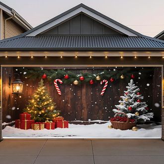 Generic Weihnachtsbanner F&uuml;r Garagentore, Gro&szlig;er Hintergrund F&uuml;r Aufh&auml;ngen Im Freien, Weihnachtsbaum-Dinner, Rentier-Thema, Feiertags-Wanddekoration F&uuml;r Garag