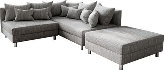 DELIFE Eckcouch Clovis Hellgrau Strukturstoff mit Hocker Ottomane Rechts Ecksofa