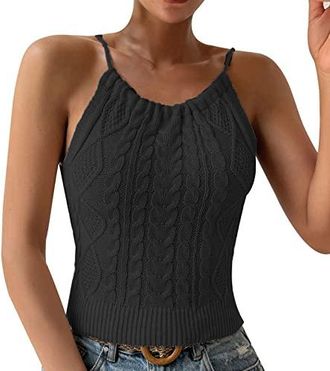 Generic Débardeur sexy pour femme vintage sans manches dos nu avec bretelles et dentelle pour femme, Noir, M
