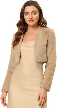 Allegra K Veste courte Femme en fausse fourrure Boléro en peluche à devant ouvert sans col à manches longues manteau court hiver Beige S