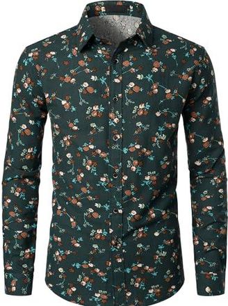 PARKLEES Chemise boutonn&eacute;e &agrave; manches longues en coton et lin pour homme Motif traditionnel r&eacute;tro ann&eacute;es 70, vert fonc&eacute;, L