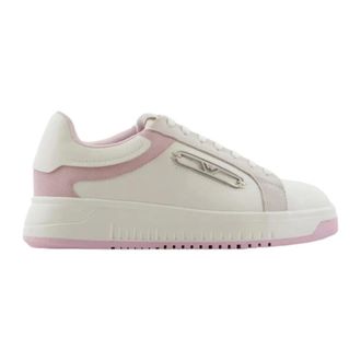 Emporio Armani Femme, Chaussures, Blanc, Taille: 35 EU Baskets en cuir blanc et rose avec plaque aigle en m&eacute;tal