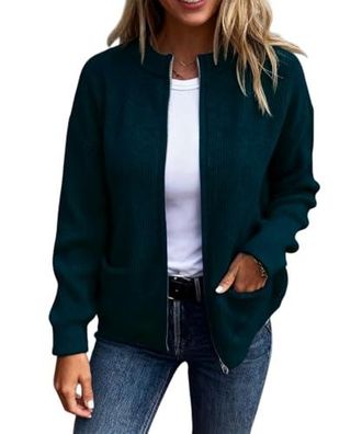 Generic Veste tricotée à col rond et fermeture éclair, style décontracté, manches longues, col rond, avec poches, ouverture sur le devant, noir foncé, 3XL