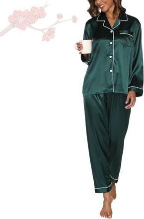 Generic Pyjama 2 pièces en soie pour femme, vêtement de nuit doux boutonné, ensemble de pyjama en satin pour femme, vert foncé, XL