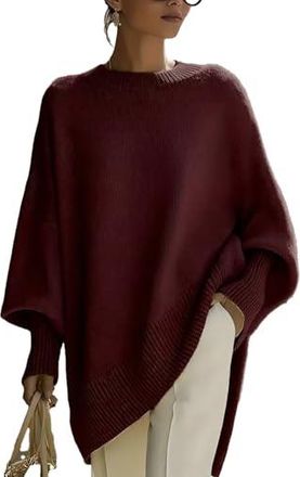 Generic Pull surdimensionn&eacute; &agrave; manches chauve-souris pour femme - Tunique d&eacute;contract&eacute;e &agrave; col rond - Pull tendance en tricot c&ocirc;tel&eacute; doux et confortable, bordeau