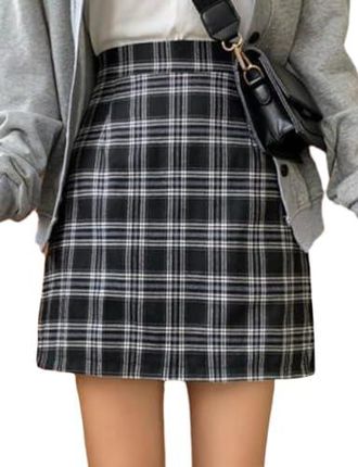 Lazutom Mini jupe trapèze à carreaux taille haute pour femme Automne Hiver, Noir, 42