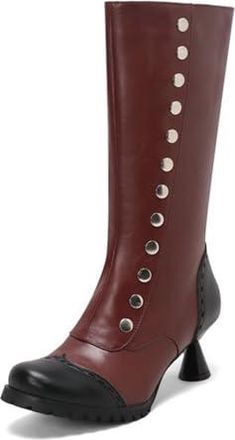Generic Bottes vintage &agrave; talon rond pour femme avec fermeture &eacute;clair lat&eacute;rale et d&eacute;coration clout&eacute;e, rouge vin, 39.5 EU