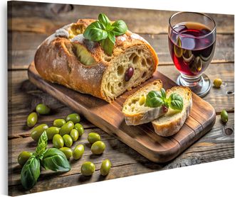 Islandburner Bild auf Leinwand Geschnittene Ciabatta Rotwein Olivenöl Oliven Basilikum Holzdesign Wand Bilder Wandbilder Poster