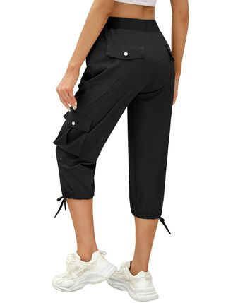 Heekpek TOMEEK Hose Damen 3/4 Caprihose Damen Casual Jogginghose Sommer Sporthose Outdoor Baggy Freizeithose Bequeme mit Mehrfach-Taschen Kordelzug Taille Yog