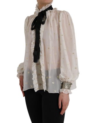 Dolce & Gabbana Womens Off White Silk Blend Ascot Collar Blouse Top Polyester