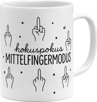 OM3 lustige Mittelfinger Kaffee-Tasse mit Spruch - Hokuspokus Mittelfingermodus - Keramik Becher - 325ml - Beidseitig Bedruckt - Weiss
