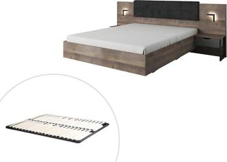 Vente-Unique Vente-unique - Lit avec chevets 160 x 200 cm - Avec LEDs - Coloris : Naturel et anthracite + Sommier - laonile