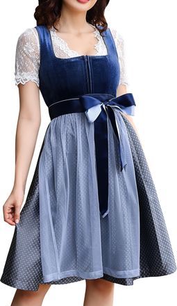 KOJOOIN Dirndl Damen Trachtenkleid Kurz Set Dirndl-Komplettset Midi 3tlg. für Oktoberfest inkl. Kleid, Bluse, Schürze (Verpackung MEHRWEG),Bluishgrey,34