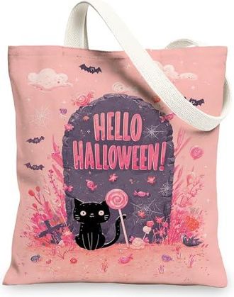 Generic Sacs fourre-tout en toile dHalloween, motif chat mignon et bonbons, sacs dépicerie réutilisables, fantaisie, élégants, légers et lavables, pêche, 13x1