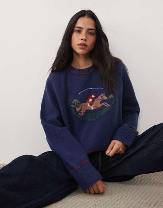 Abercrombie & Fitch Strickpullover mit Rundhalsausschnitt und Pferde-Print in Marineblau-Multi