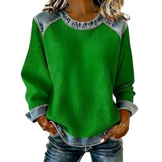 Generic Sweat-shirts pour femme sans capuche vintage en tricot gaufr&eacute; denim patchwork sweatshirts surdimensionn&eacute;s &agrave; col rond pulls de couleurs blocs de couleu