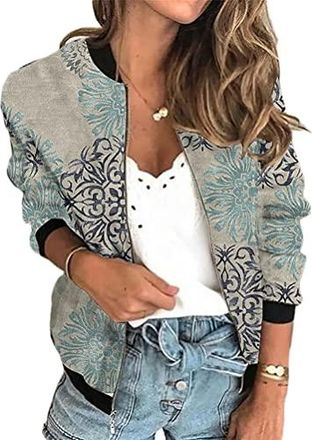 Minetom Veste Femme Motard Blouson Printemps Été Léger Bomber Blouson Outwear Zippé Imprimé Floral Court Jacket A Bleu XXL