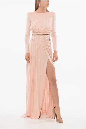 Elisabetta Franchi Stretch Fabric Flared Dress with Chain Detail size 40