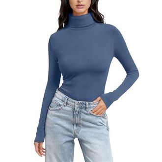 Generic Haut fronc&eacute; &agrave; col haut, haut de sport &agrave; manches longues pour femme, t-shirt doux et confortable, couche de base de couleur unie, tunique douce et conf