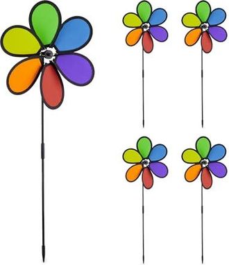 Relaxdays Windrad Blume, 5er Set, Deko Gartenstecker für Balkon, Terrasse & Garten, HBT 66 x 27 x 7 cm, Regenbogen, bunt