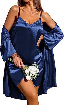 Ekouaer femmes robe de chambre et chemise de nuit ensemble sexy 2 pièces robes vêtements de nuit bleu Marine XL