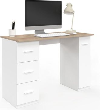IDMarket Bureau droit MAE 3 tiroirs et porte placard blanc et bois